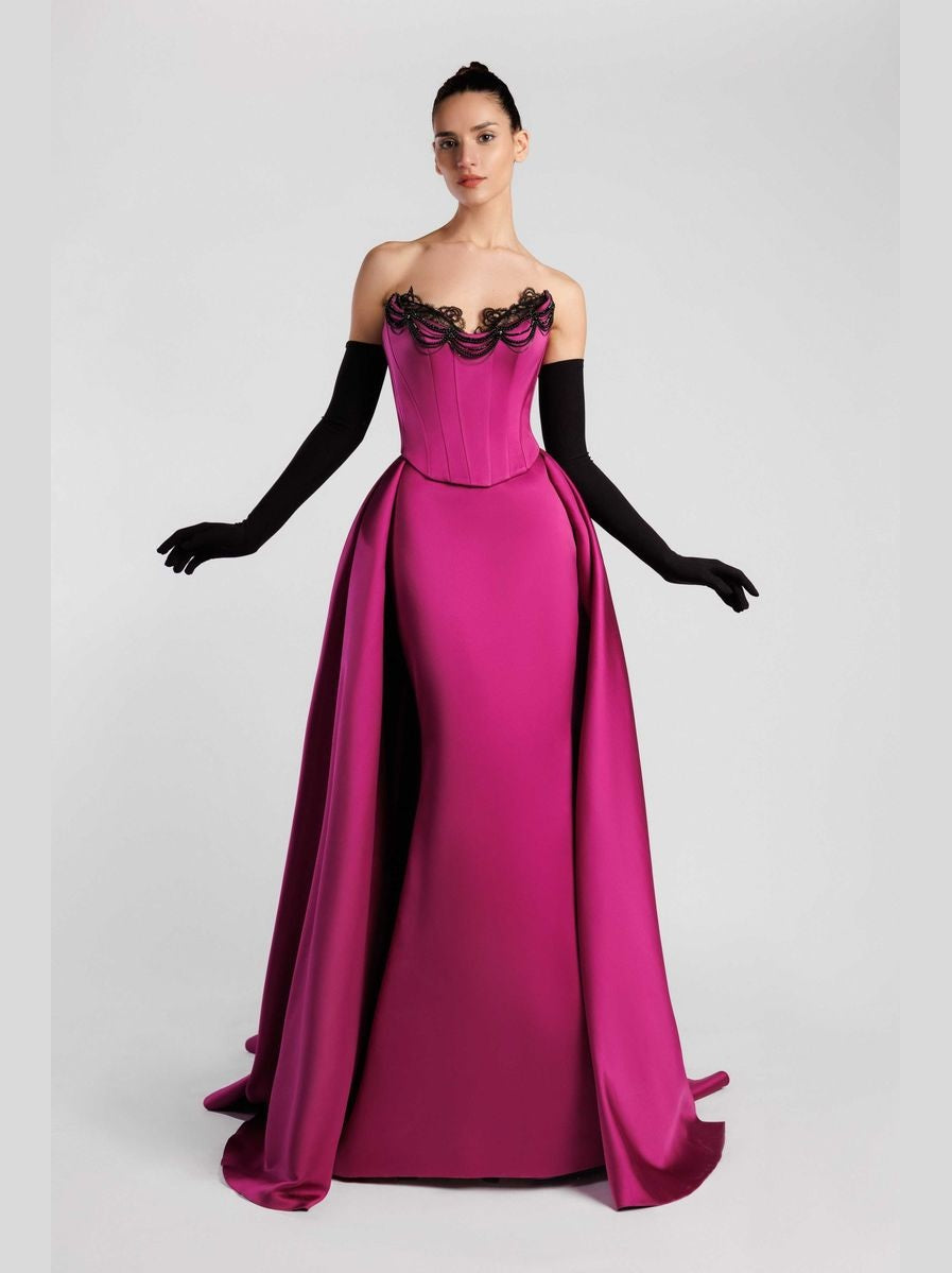Corset Bodice Mermaid Evening Dress with Beaded Chains and Overskirt ...